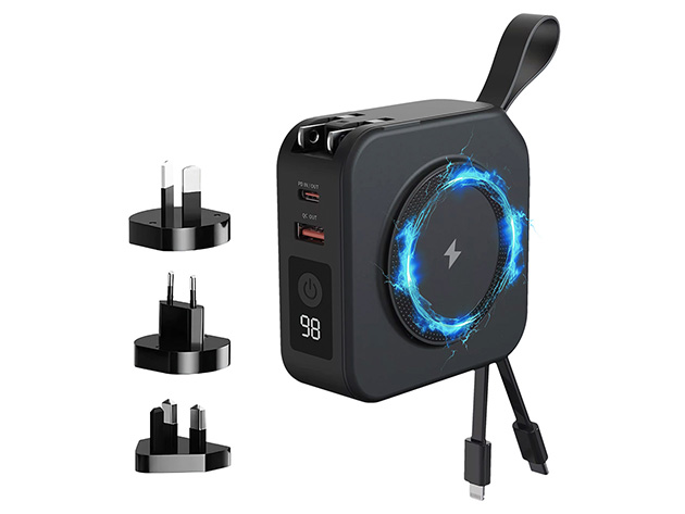 Statik® SmartCharge 5-in-1 10,000mAh Power Bank with Wall Plug & Built in USB-C/Lightning Cables ...