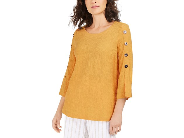 JM Collection Women's Collection Button-Sleeve Crinkle Top Gold Size ...