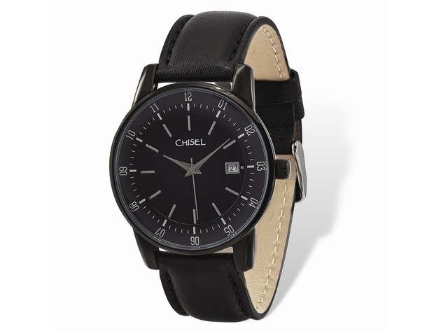 Chisel Mens Black IP-plated Stainless Silver Dial Blk Lthr Watch ...